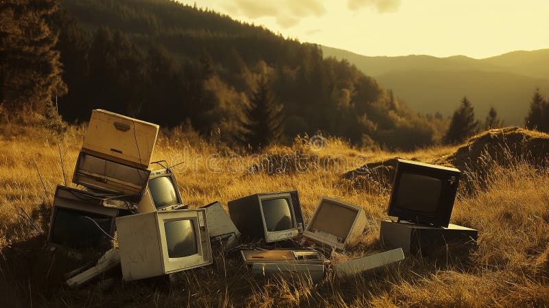 Old Televisions and Computers are Abandoned in a Field with Dry Grass ...