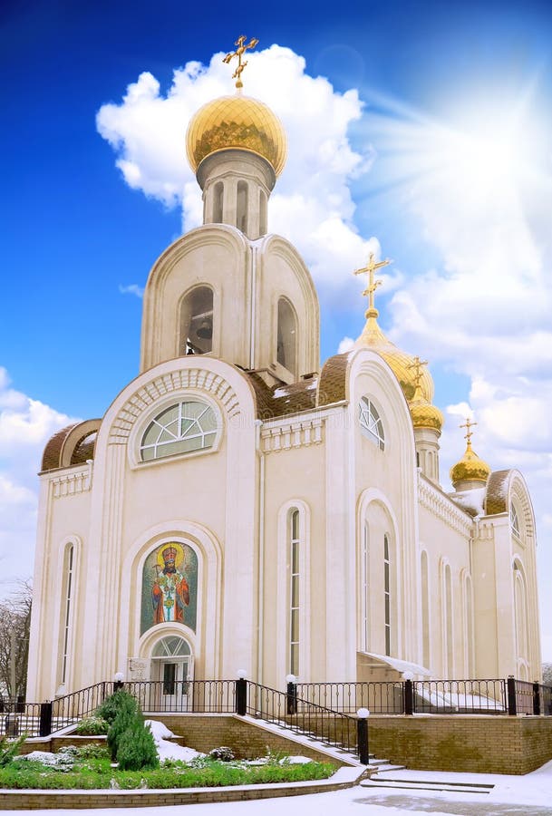 Old Temple with Blue Sky and Sun Stock Image - Image of grass, chapel ...