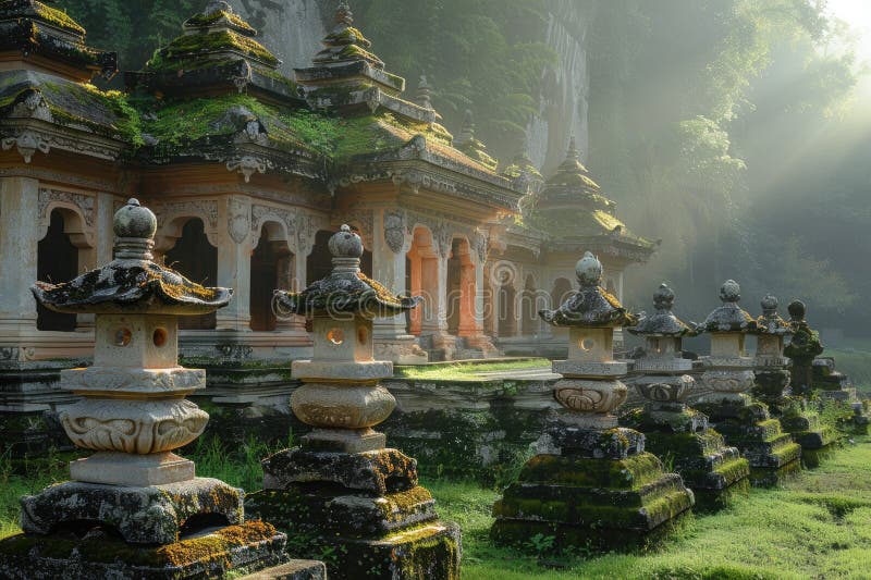 Ancient Stone Lanterns at a Mossy Temple in the Misty Morning Sun Stock ...