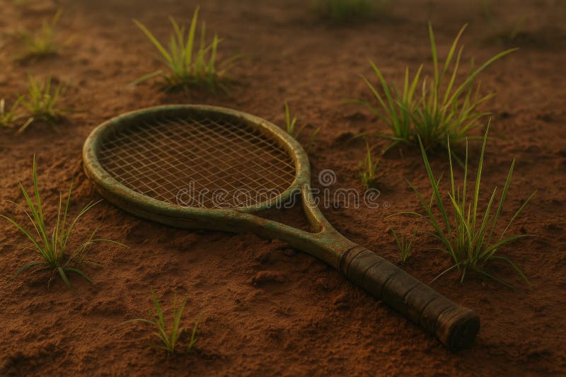 Old Tennis Racket Laying on Sandy Ground with Grass Growing Around. Stock Photo - Image of used ...