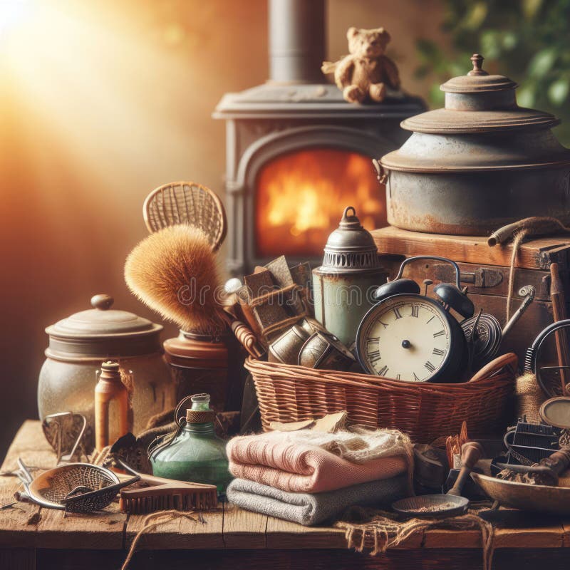 Old Things Piled Up on the Table Against the Backdrop of a Burning ...