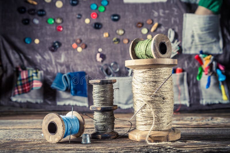 Old Threads and Needles in Vintage Tailor Workshop Stock Image - Image ...