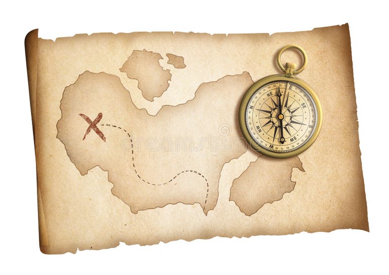 Old Threasure Map with Brass Compass Isolated Stock Photo - Image of ...