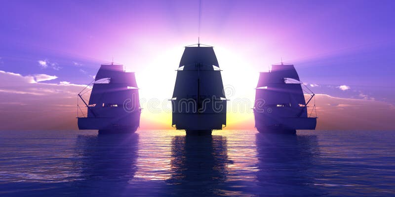 Old Three Ships Sunset at Sea, 3d Rendering Stock Illustration ...
