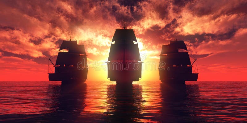 Old Three Ships Sunset at Sea, 3d Rendering Stock Illustration ...