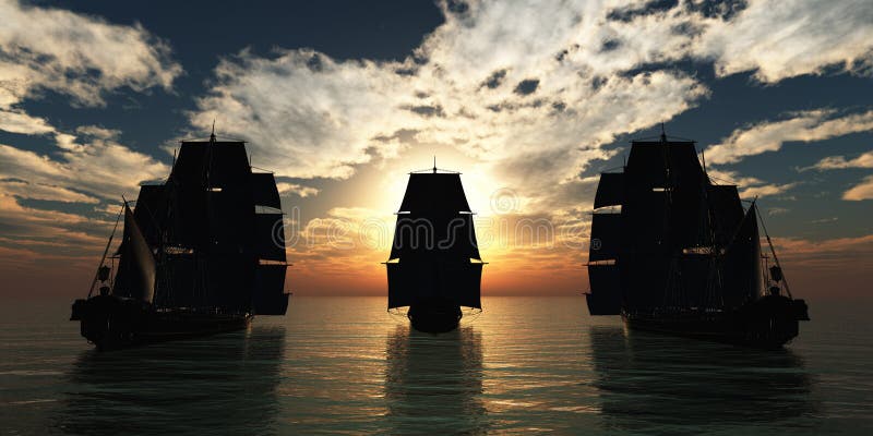 Old Three Ships Sunset at Sea, 3d Rendering Stock Illustration ...