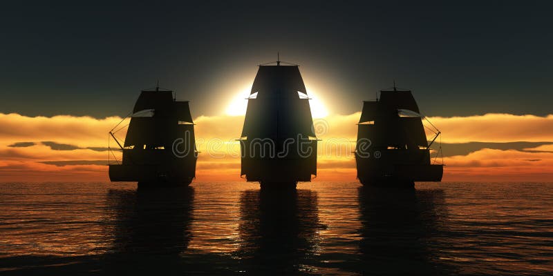 Old Three Ships Sunset at Sea, 3d Rendering Stock Illustration ...