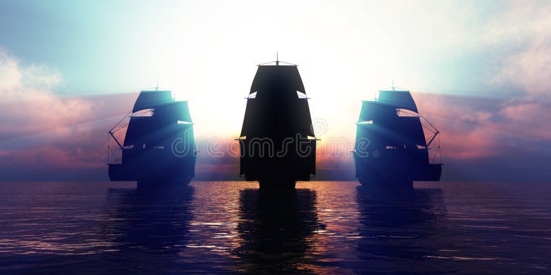 Old Three Ships Sunset at Sea, 3d Rendering Stock Illustration ...