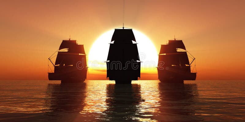 Old Three Ships Sunset at Sea, 3d Rendering Stock Illustration ...