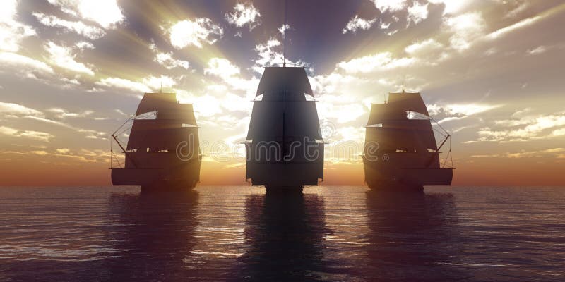 Old Three Ships Sunset at Sea, 3d Rendering Stock Illustration ...