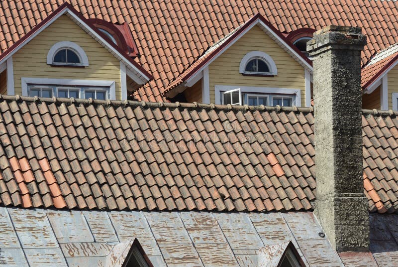 Old Tile Roofs, Windows and Chimney Stock Photo - Image of design ...