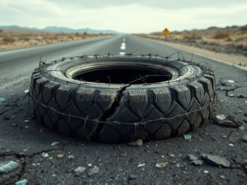 Old Tire with Barbed Wire Placed on Damaged Asphalt Road Creating a ...