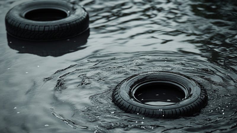 Old Tires Floating in Rippling Water Environmental Pollution Concept ...
