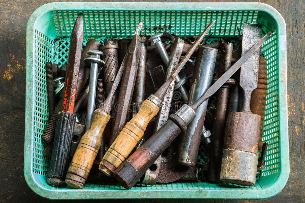 Old Tool ,bolt,nut and Chisel Stock Photo - Image of mallet, wooden ...