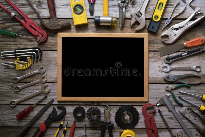 Old Tools Equipment with Blackboard on Wood Table Background Stock ...