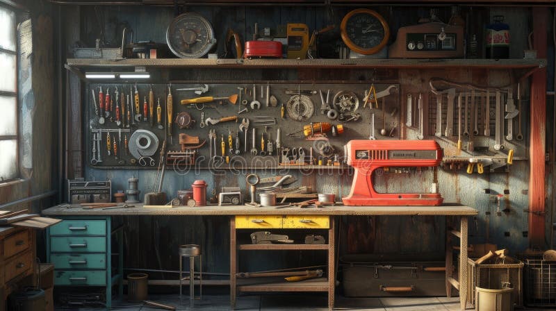 The Old Tools Hanging on the Wall, with a Vintage Garage Style Setting ...