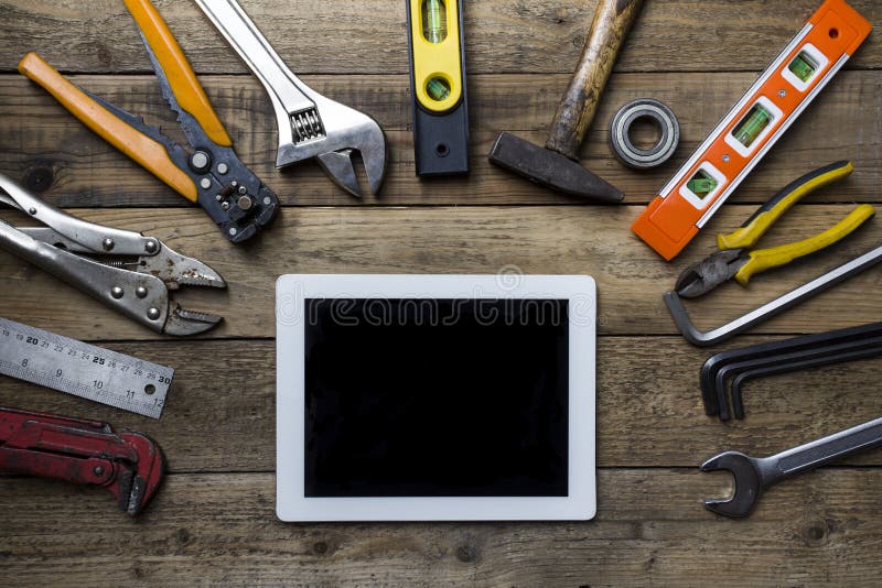 Old Tools and Tablet on a Wooden Table Stock Image - Image of equipment ...