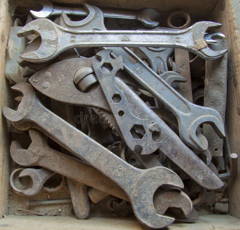 Old tools in wooden box stock image. Image of detail - 20455751
