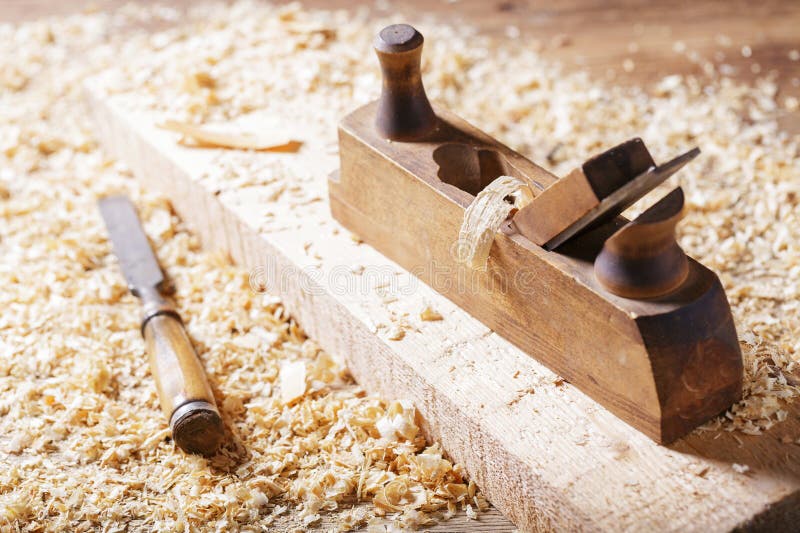 Old Tools: Wooden Planer and Chisel in a Carpentry Workshop Stock Photo ...