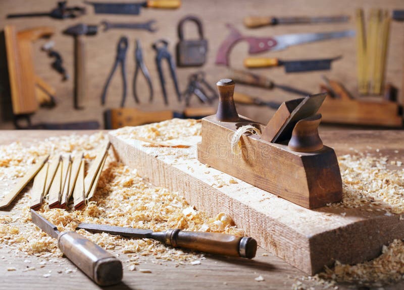 Old Tools: Wooden Planer and Chisel in a Carpentry Workshop Stock Photo ...