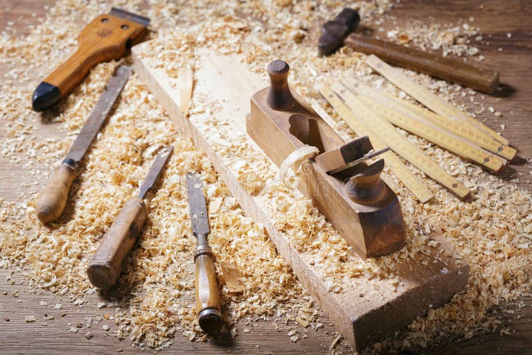 Old Tools: Wooden Planer, Hammer, Chisel in a Carpentry Workshop Stock ...
