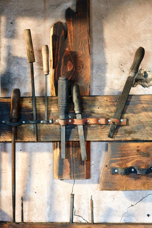 Old Tools on the Workbench in the Workshop Stock Image - Image of hand ...