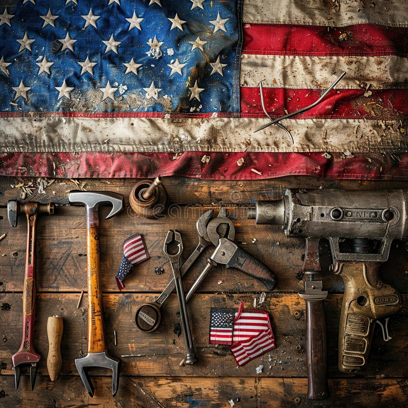 Old Tools and Worn American Flag on Rustic Wood Stock Image - Image of ...