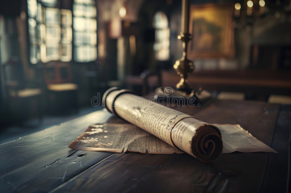 Old Torah Scroll Ancient Papyrus on Desk a Table Stock Image - Image of ...