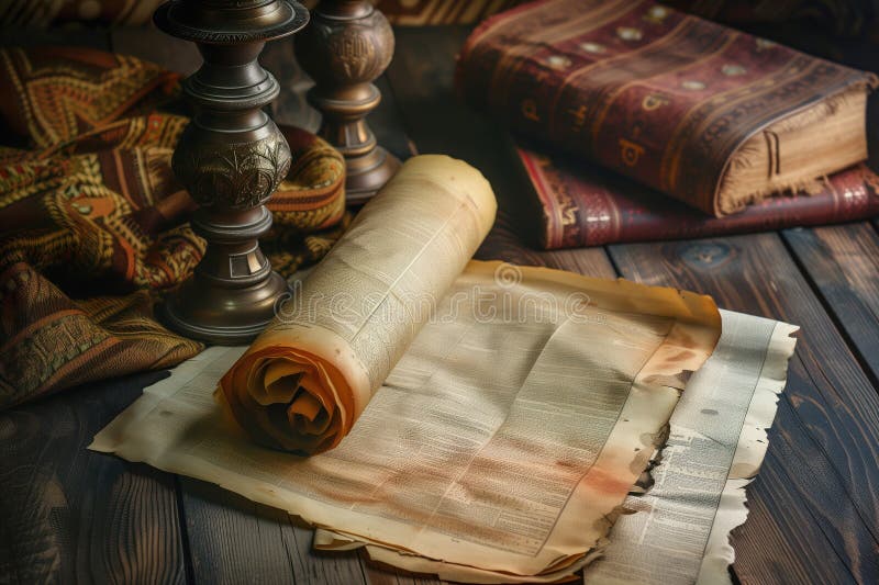 Old Torah Scroll Rests on Ancient Papyrus at Desk Table Stock Image ...