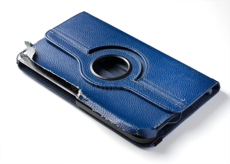 Old Torn Blue Tablet Case. White Background. Close Up Stock Photo ...