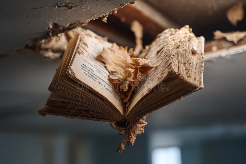 Old Torn Book Hanging from Ceiling with Pages Peeling and Damaged by ...