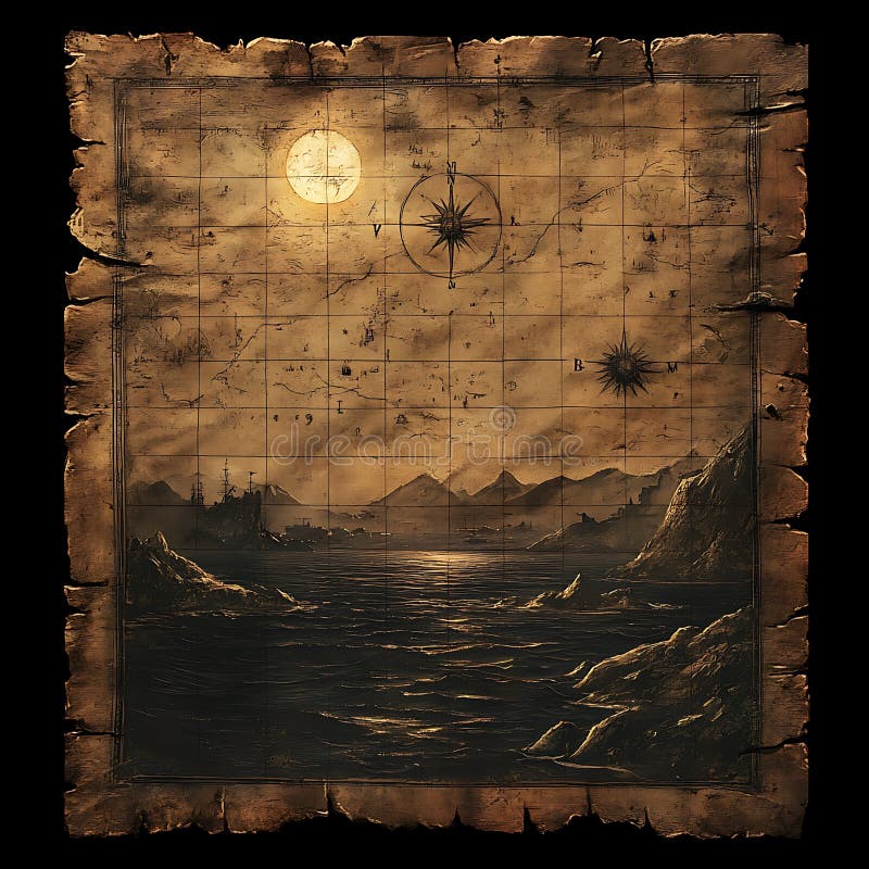 Old Torn Treasure Map with Compass and Mountains on a Black Background ...