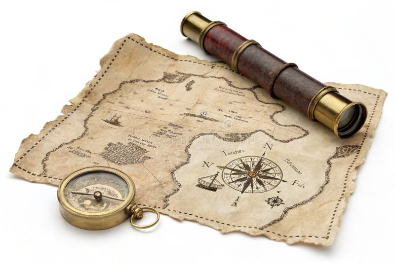 Old Torn Treasure Map with Compass and Spyglass Stock Illustration ...