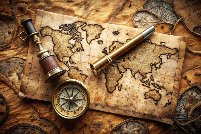 Old Torn Treasure Map with Compass and Spyglass Top View Still Life ...