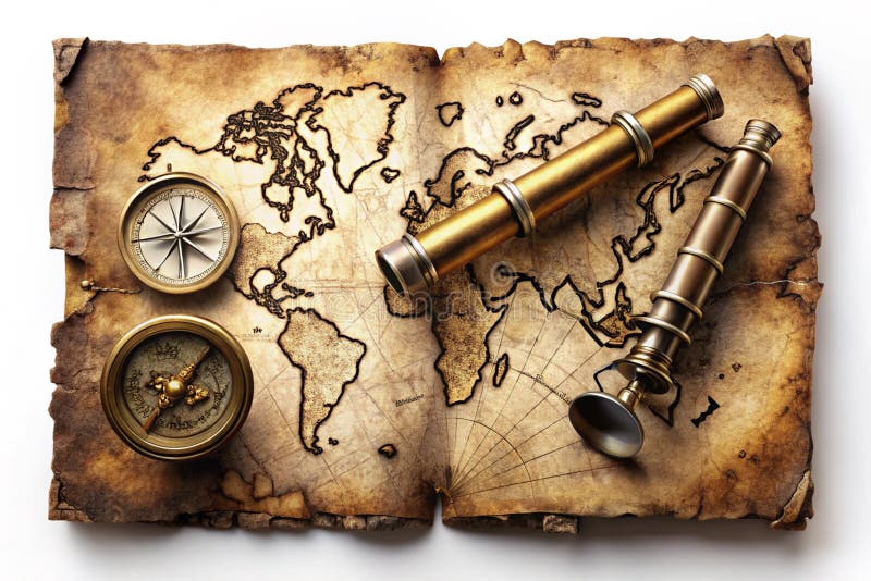 Old Torn Treasure Map with Compass and Spyglass Top View Still Life ...