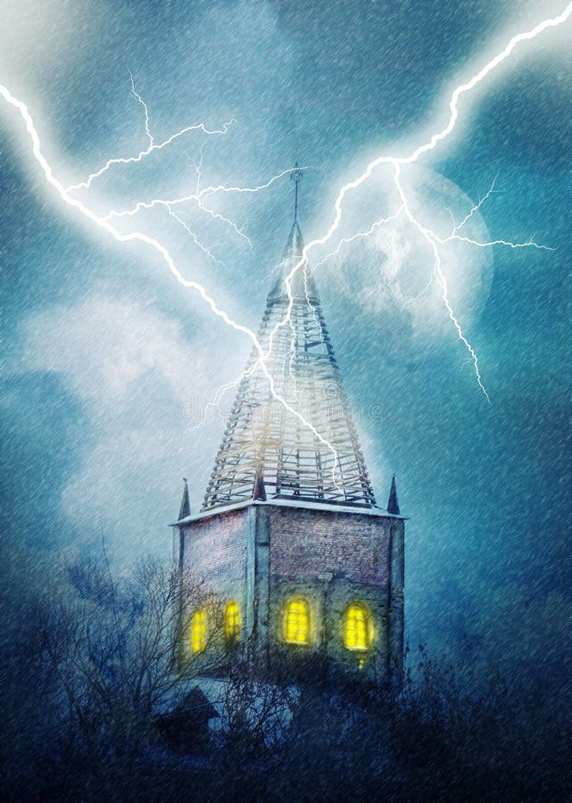 Old tower and thunderbolts stock illustration. Illustration of ...