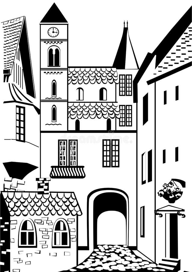 Pedestrian Street in Old Town. Sketch Perspective. Stock Vector ...