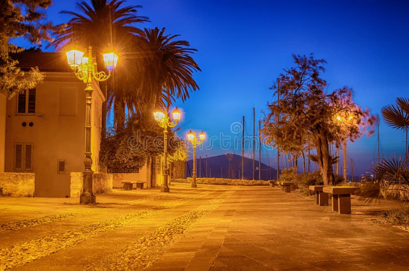 Old Town of Alghero, Sardinia, Italy at Night Stock Image - Image of ...