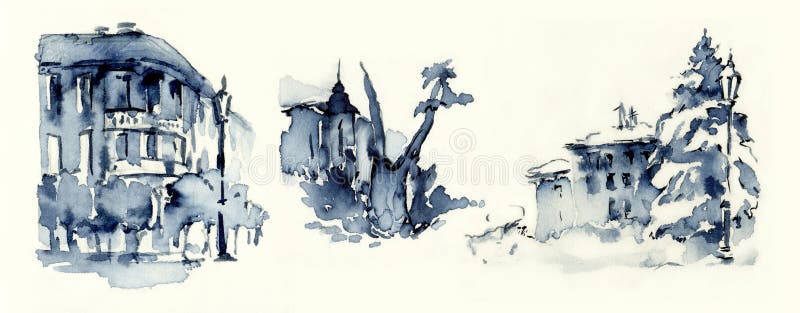 Old Town Blue Ink Miniatures Illustration Sketches Stock Illustration ...