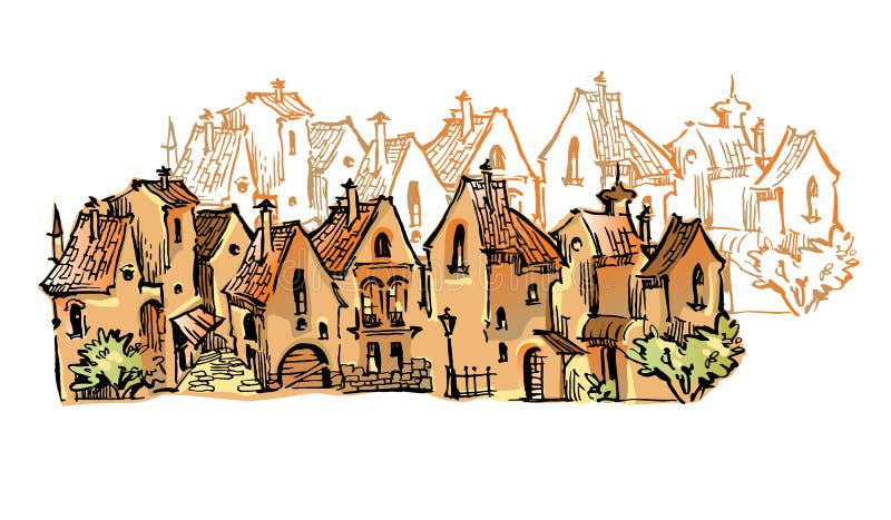 Old Town Cartoon Style Sketch. Isolated Vector Illustration. Stock ...
