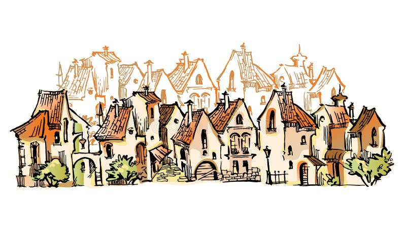 Old Town Cartoon Style Sketch. Isolated Vector Illustration. Stock ...