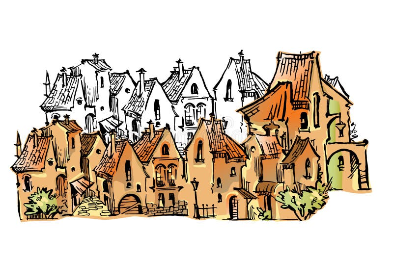 Old Town Cartoon Style Sketch. Isolated Vector Illustration. Stock ...