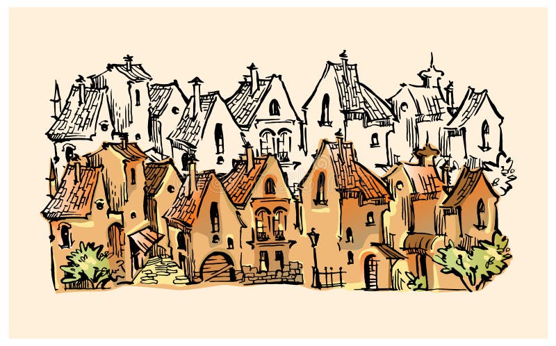 Old Town Cartoon Style Sketch. Isolated Vector Illustration. Stock ...