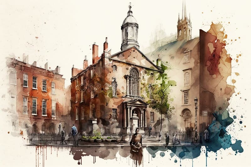 Old Town Dublin Drawing with Bit of Watercolour Stock Illustration ...