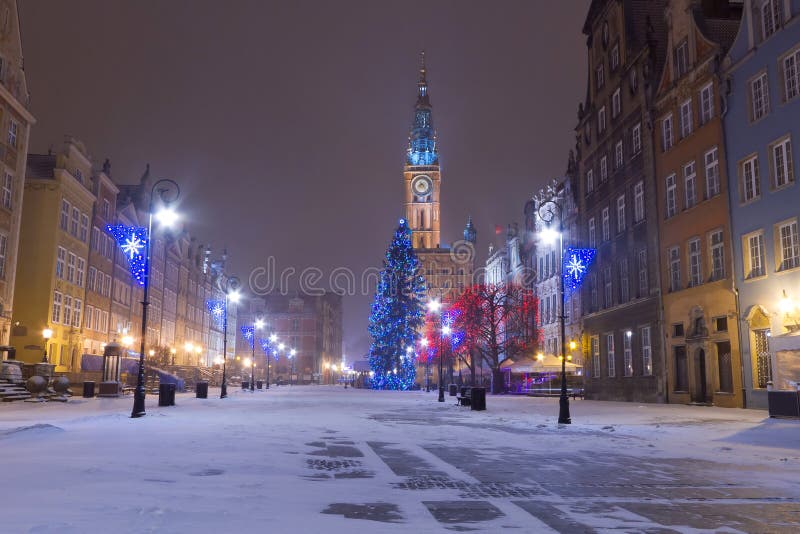 Old Town of Gdansk in Winter Scenery with Christmas Tree Stock Photo ...