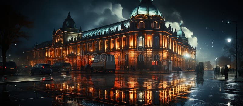 Old Town Hall at night stock illustration. Illustration of downtown ...