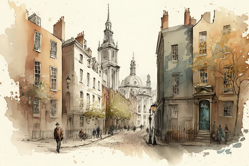 Old Town of London Drawing with Bit of Watercolour Stock Illustration ...