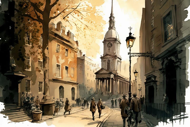 Old Town of London Drawing with Bit of Watercolour Stock Illustration ...