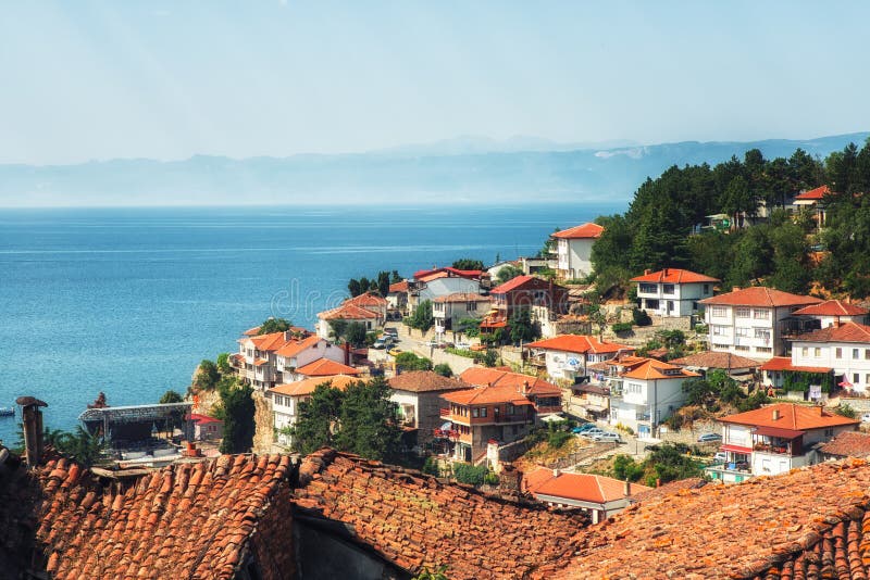Ohrid Old Town with Ohrid Lake, Macedonia - Panorama Stock Photo ...