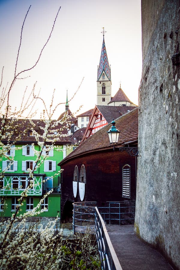 Old Town Path and Wooden Bridge Over Limmat River, Switzerland Stock ...